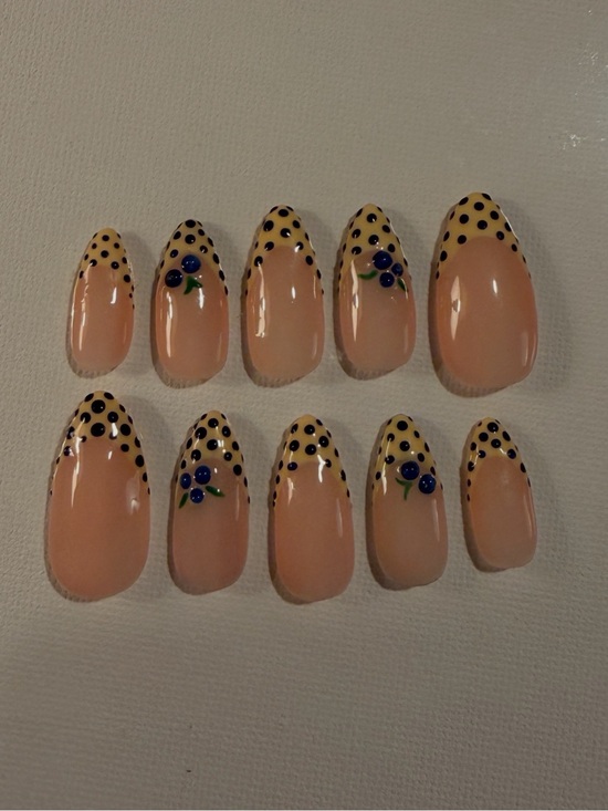 Makeup | Nude Presson Nails With Yellow Polkadot Tips And Blue Floral ...